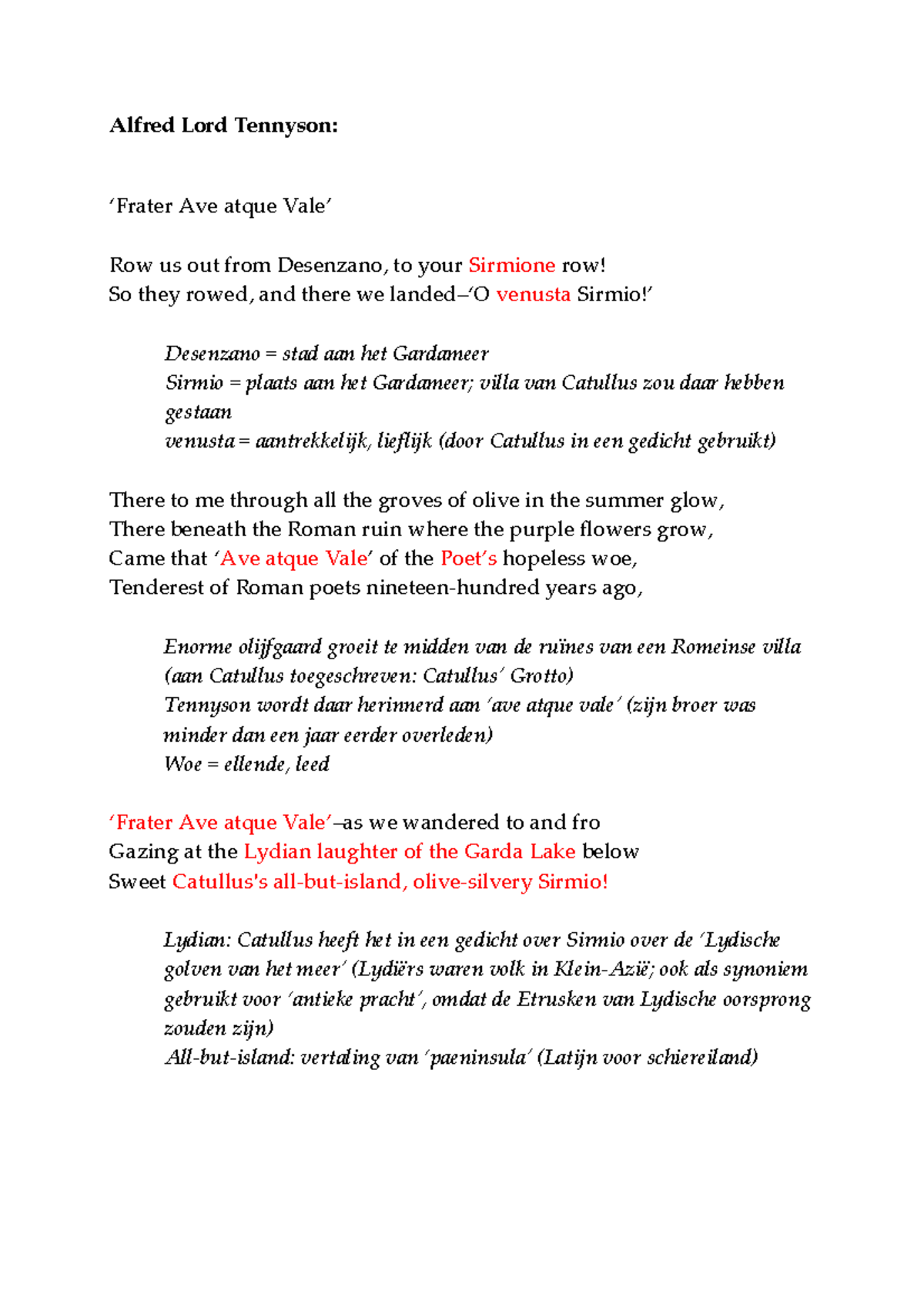 Catullus and Tennyson: A Study of Frater Ave atque Vale - Studeersnel