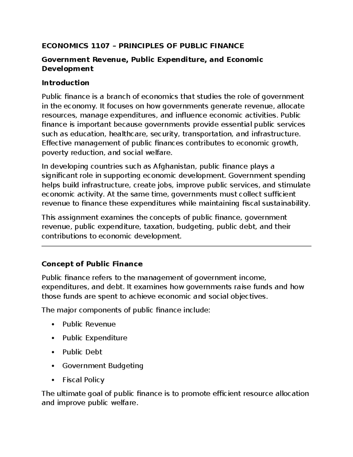 ECON 1107 Assignment: Principles of Public Finance Overview - Studocu
