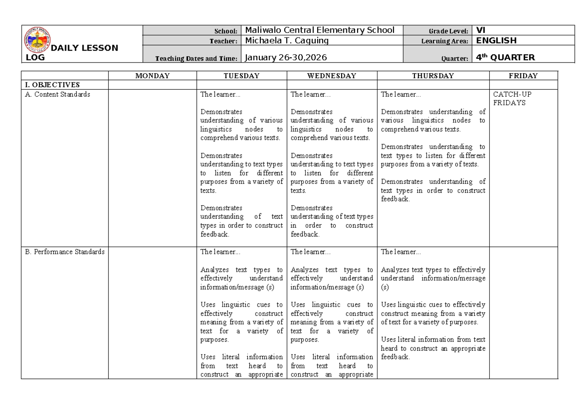 WEEK 1 - ENG - DETAILED LESSON PLANS FOR GRADE 4 - Studocu