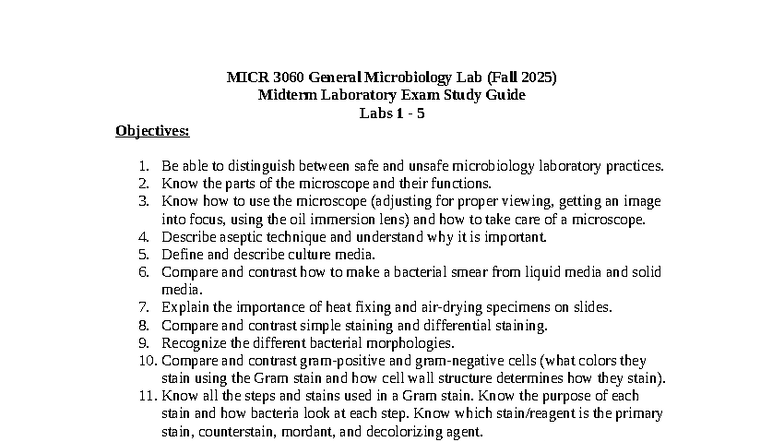 MICR 3060 General Microbiology Lab Midterm Exam Study Guide - Studocu