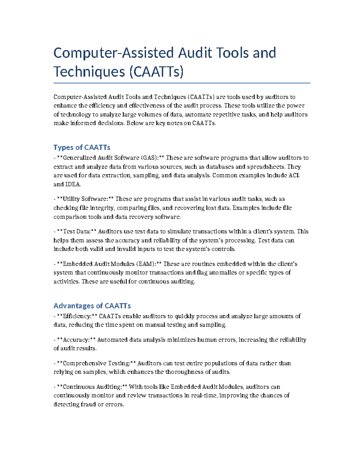 Caatts Notes - Computer-Assisted Audit Tools and Techniques (CAATTs ...