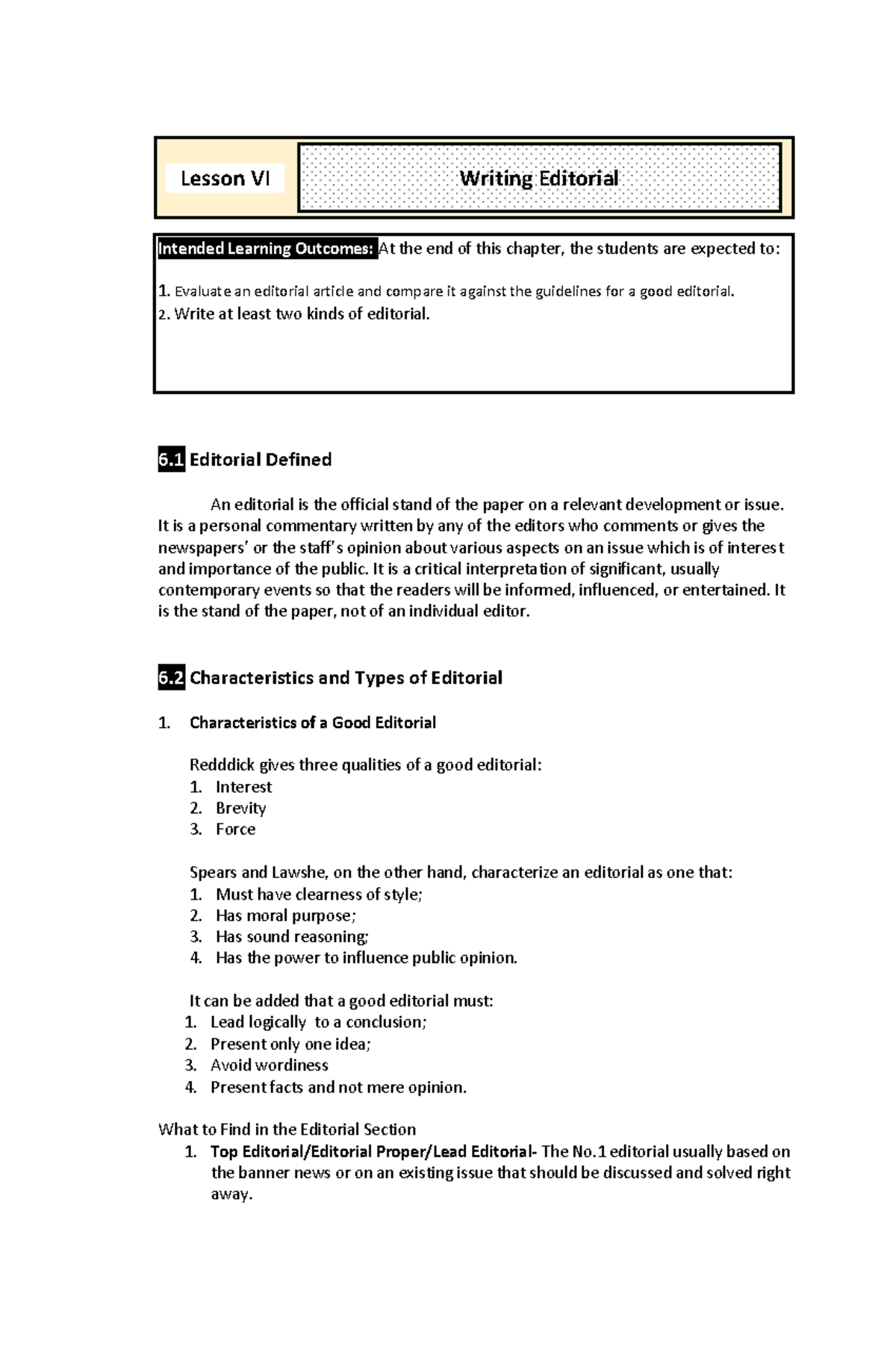 Lesson 6 Writing the Editorial - pw Intended Learning Outcomes: At the ...