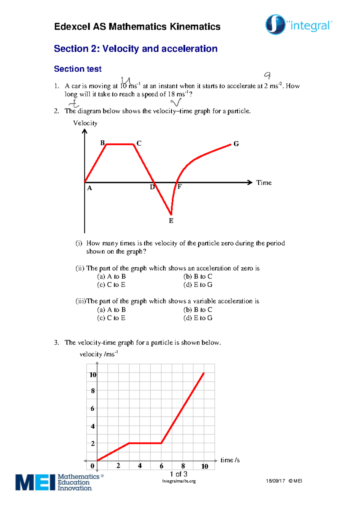 Edexcel AS Maths Kinematics: Velocity and Acceleration Section Test ...
