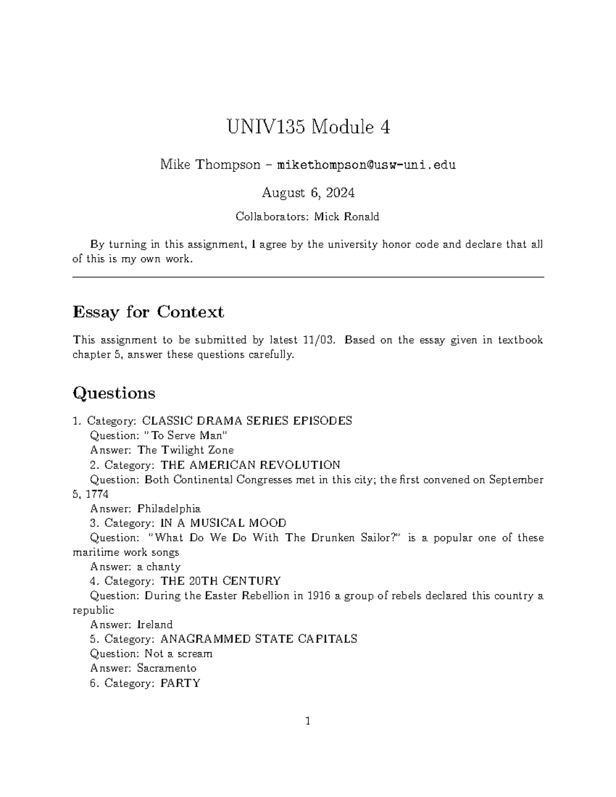 UNIV135 Module 4 Essay Questions and Context Analysis - Studocu