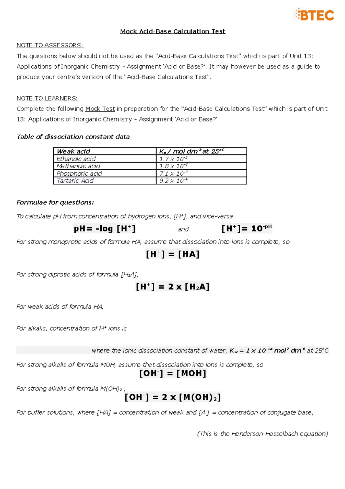 Unit 13 Mock Test: Acid-Base Calculations for Inorganic Chemistry - Studocu