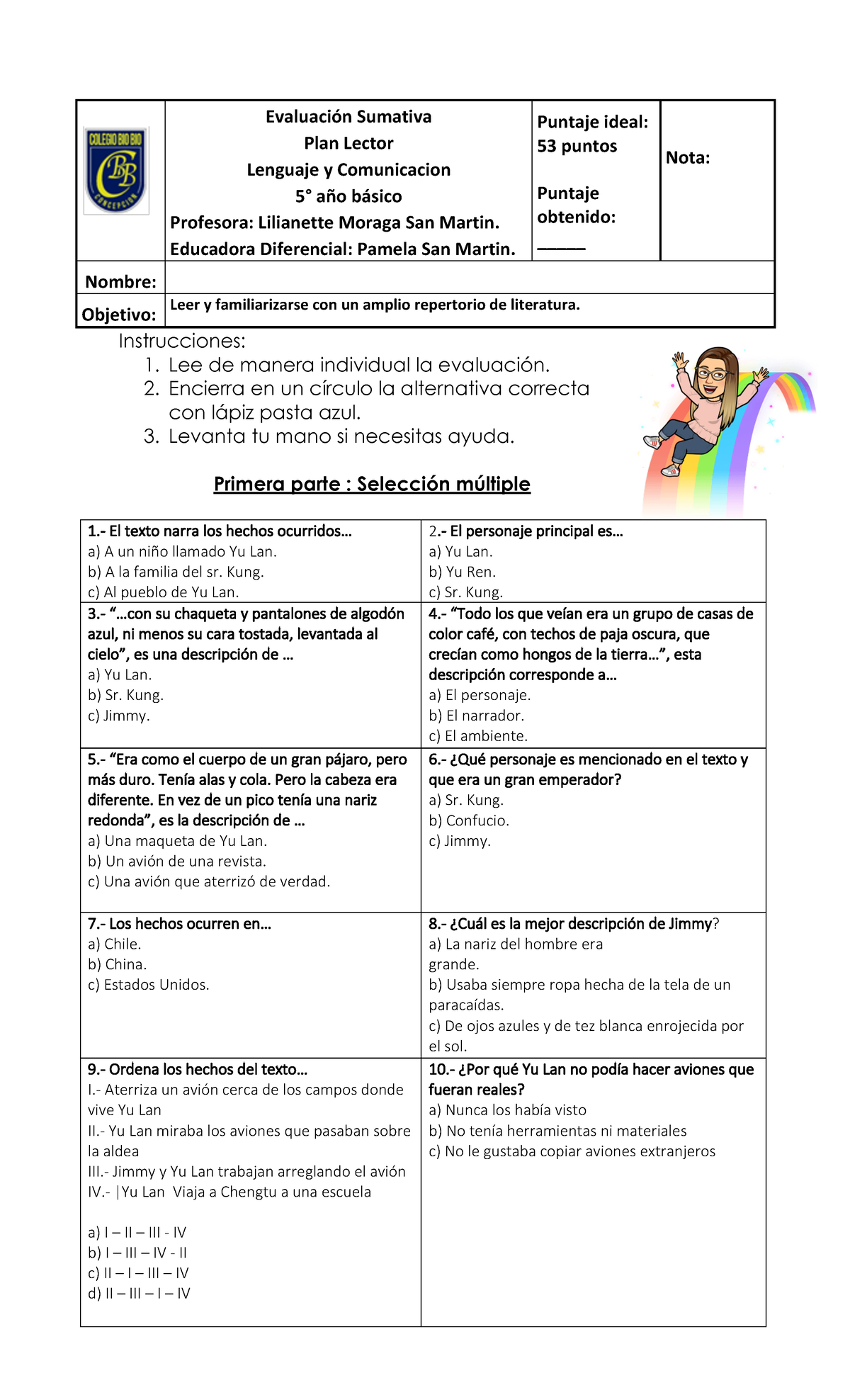 Evaluación Sumativa: Prueba Plan Lector 5° Básico - Studocu