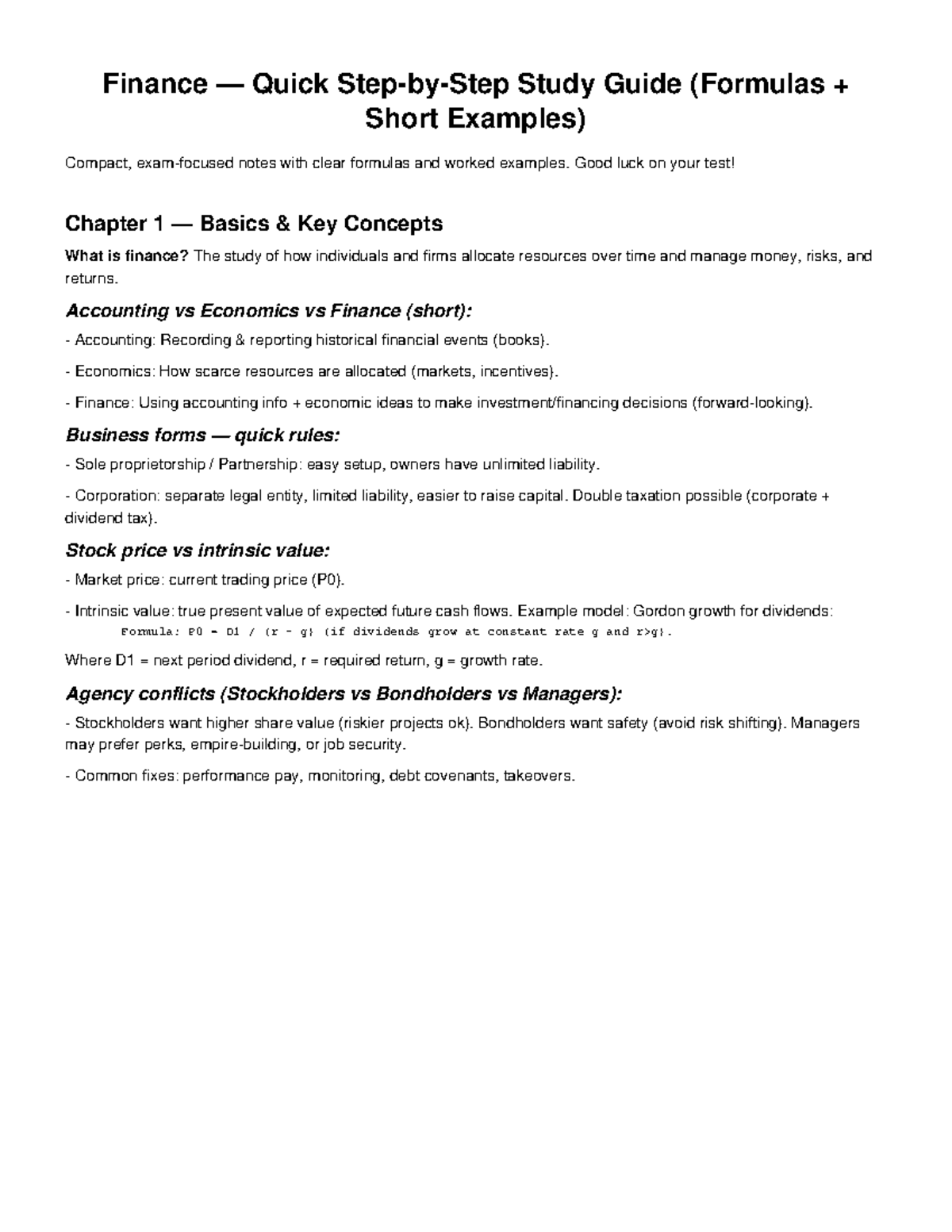 Finance Quick Step-by-Step Study Guide (Formulas + Examples) - Studocu