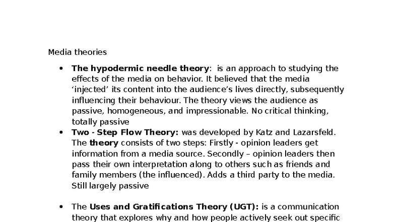 Media Theories: Understanding Audience Influence and Behavior - Studocu
