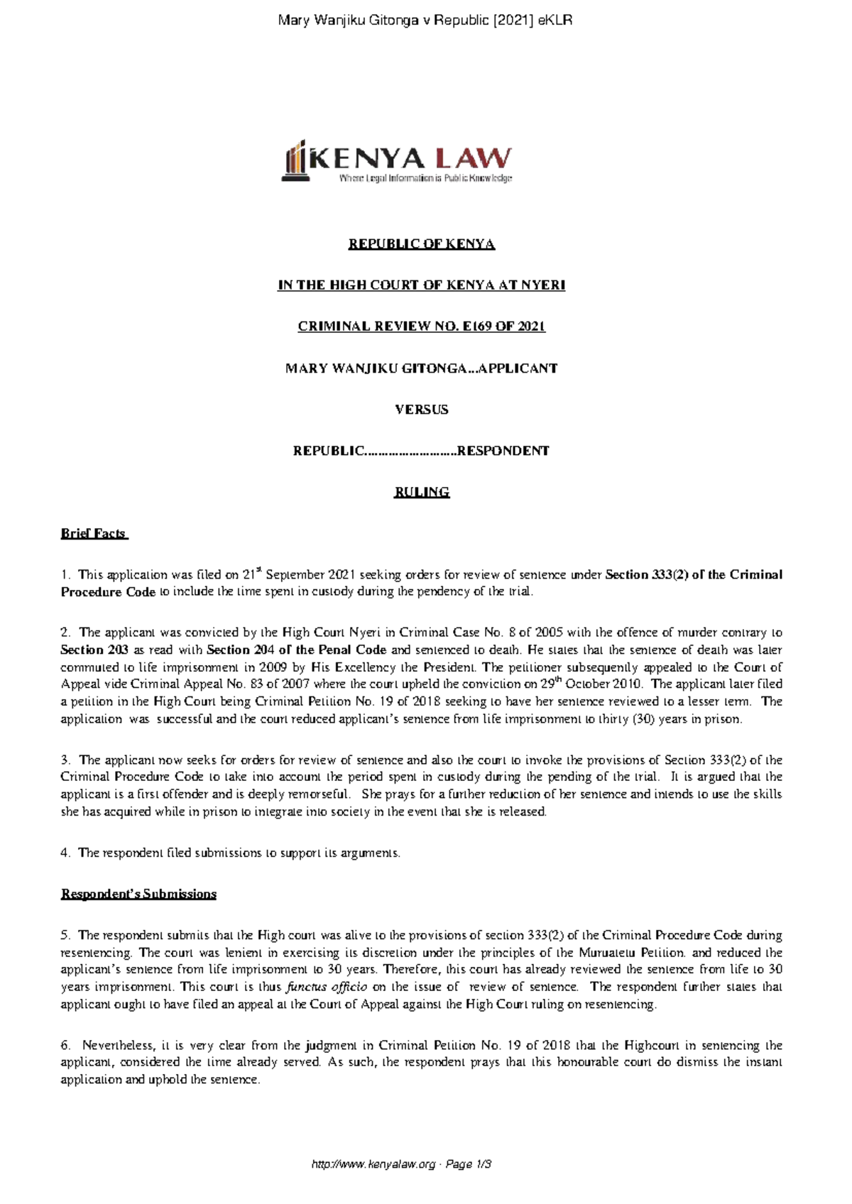 Criminal Review E169 of 2021: Mary Wanjiku Gitonga v Republic Ruling ...