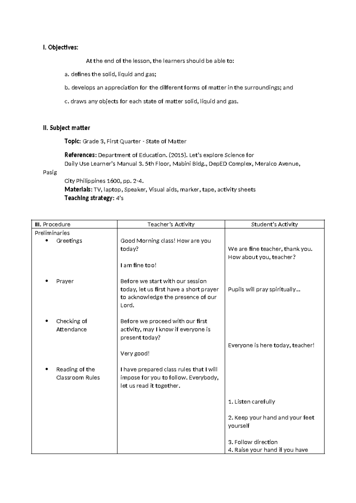 Grade 3 Detailed Lesson Plan: Understanding States of Matter - Studocu