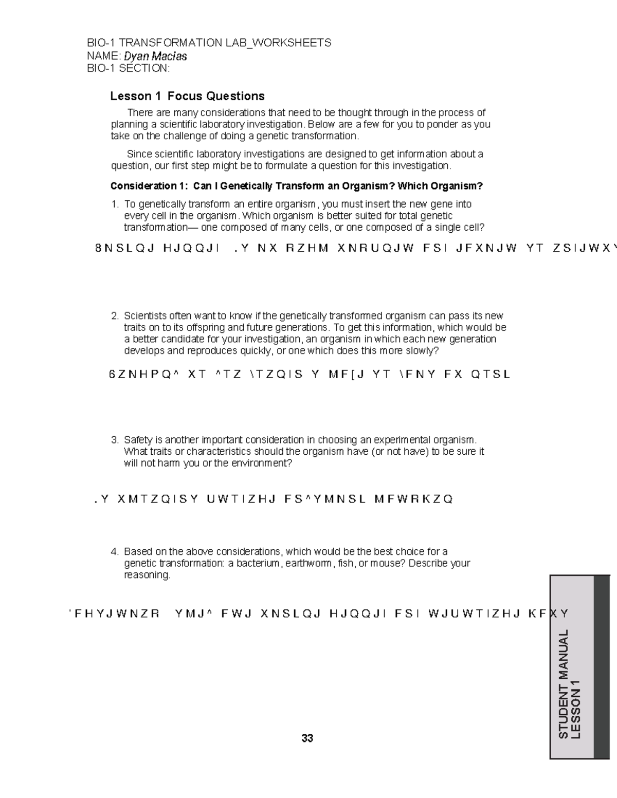 BIO-1 Bacterial Transformation: Lesson 1 Focus Questions Worksheets ...