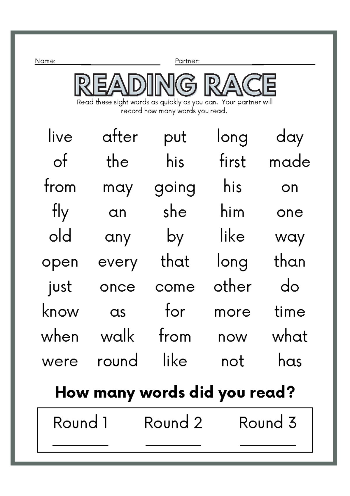 Reading Race: Sight Words Practice Worksheets - Studocu