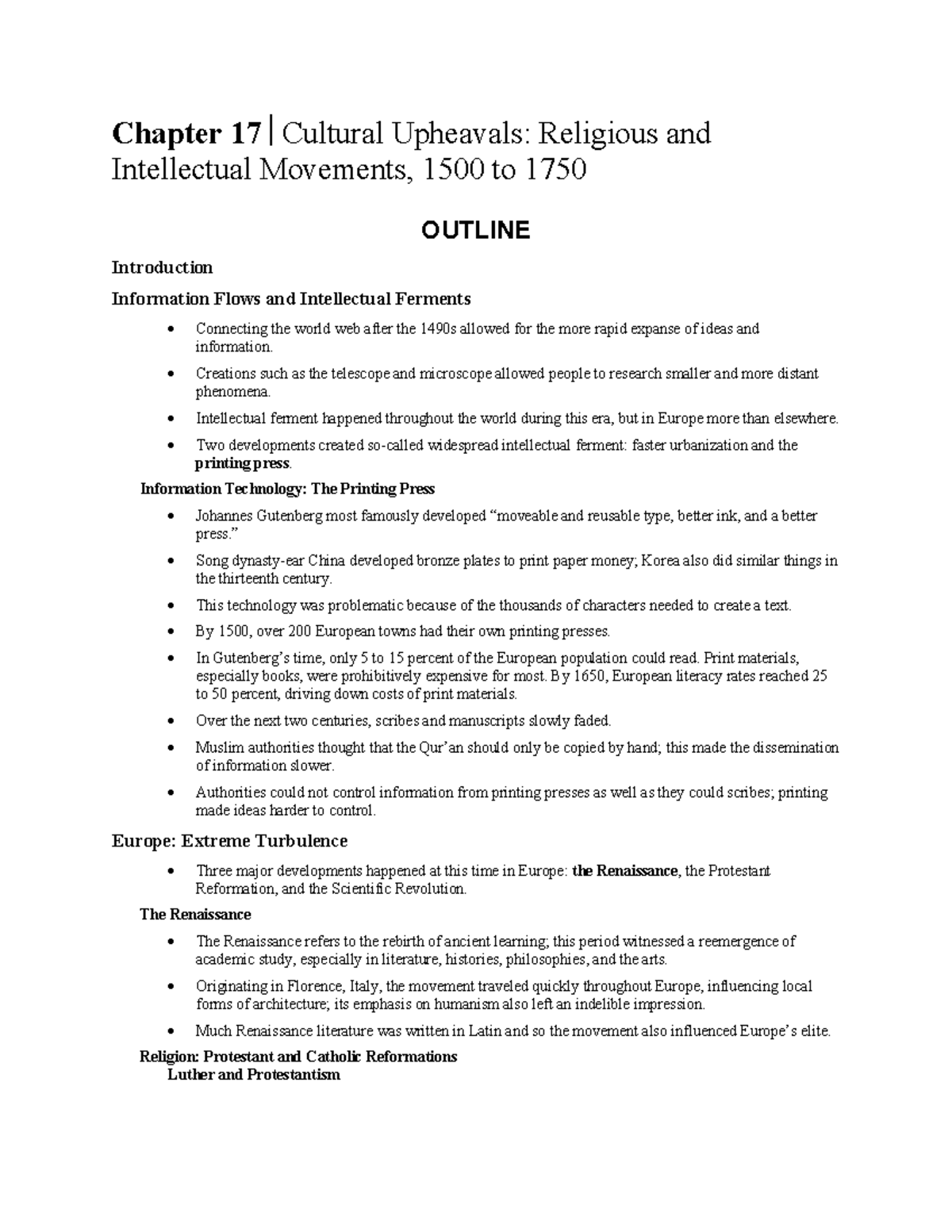 Chapter Outline: Cultural Upheavals in Religion & Thought (1500-1750 ...