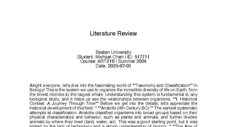ART210 Literature Review: Taxonomy and Classification in Biology - Studocu