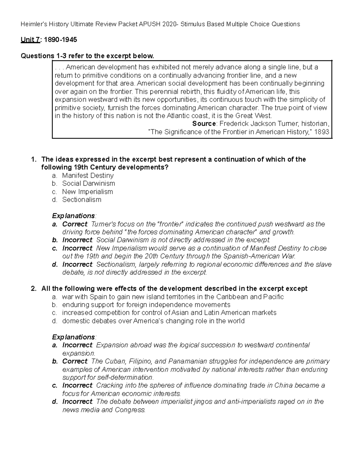 Unit 7 Sbmcqs - rerer - Unit 7: 1890- Questions 1-3 refer to the ...