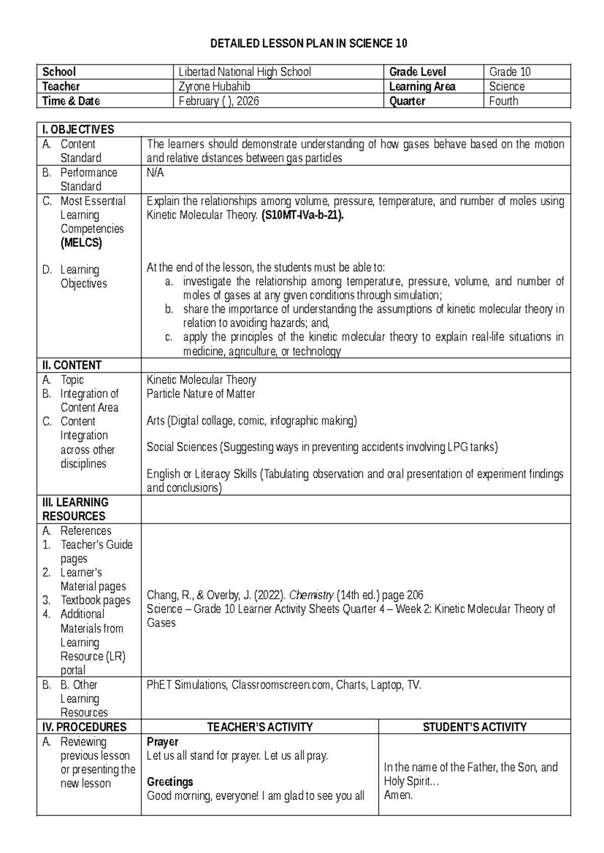 KMT Lesson Plan for Grade 10 Science: Understanding Gas Behavior - Studocu