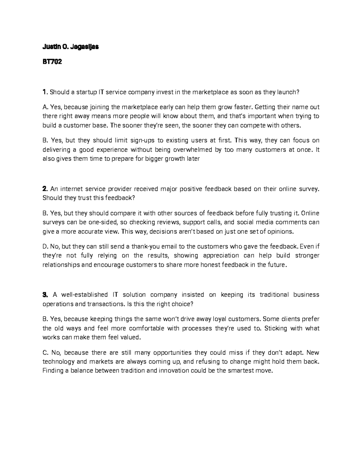 BT702 02 Quiz 1: Startup IT Service Investment Strategies - Studocu