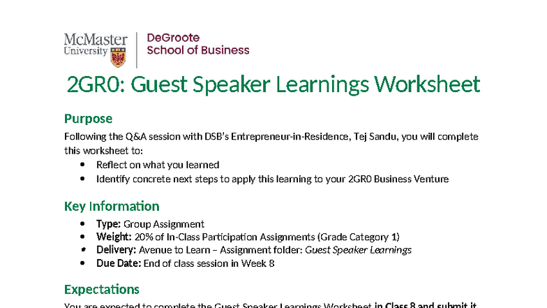 2GR0: Guest Speaker Learnings Worksheet for Business Venture F25 - Studocu