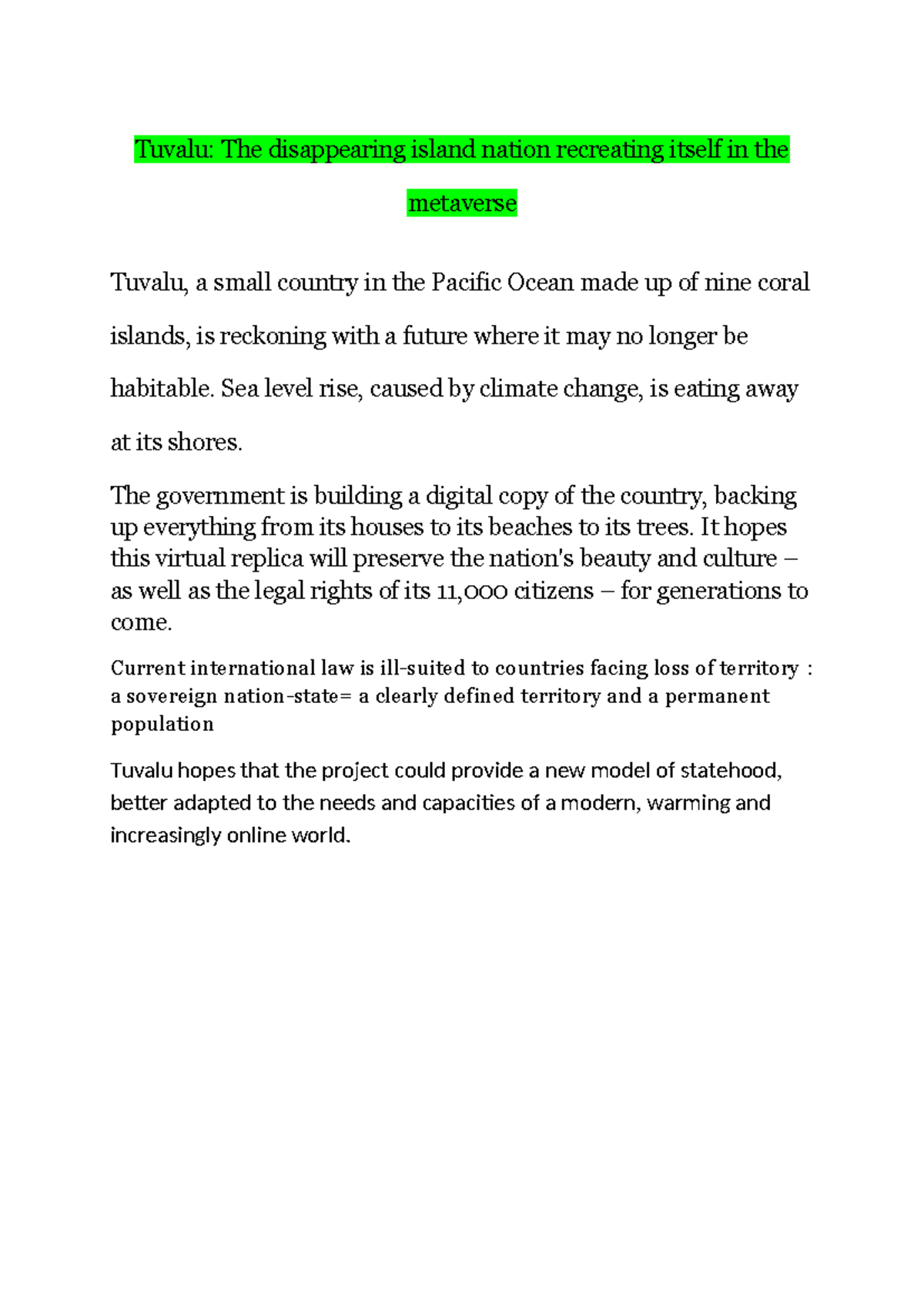 Final Study Notes on Tuvalu's Digital Future - Climate & Metaverse ...
