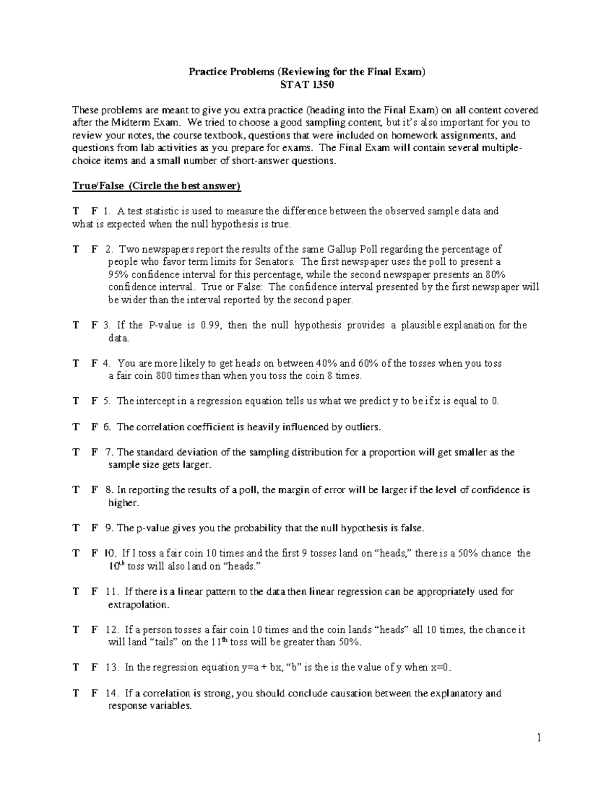Practice Problems Final Exam spring 17 - Practice Problems (Reviewing ...