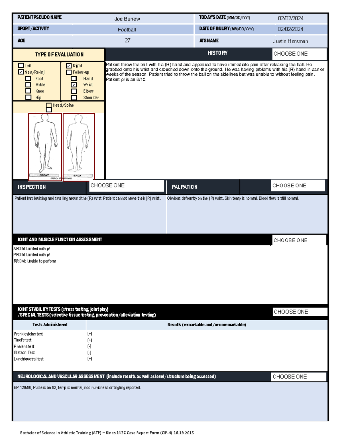 Wrist SOAP Note for Kines 143C - Athletic Training Case Report - Studocu