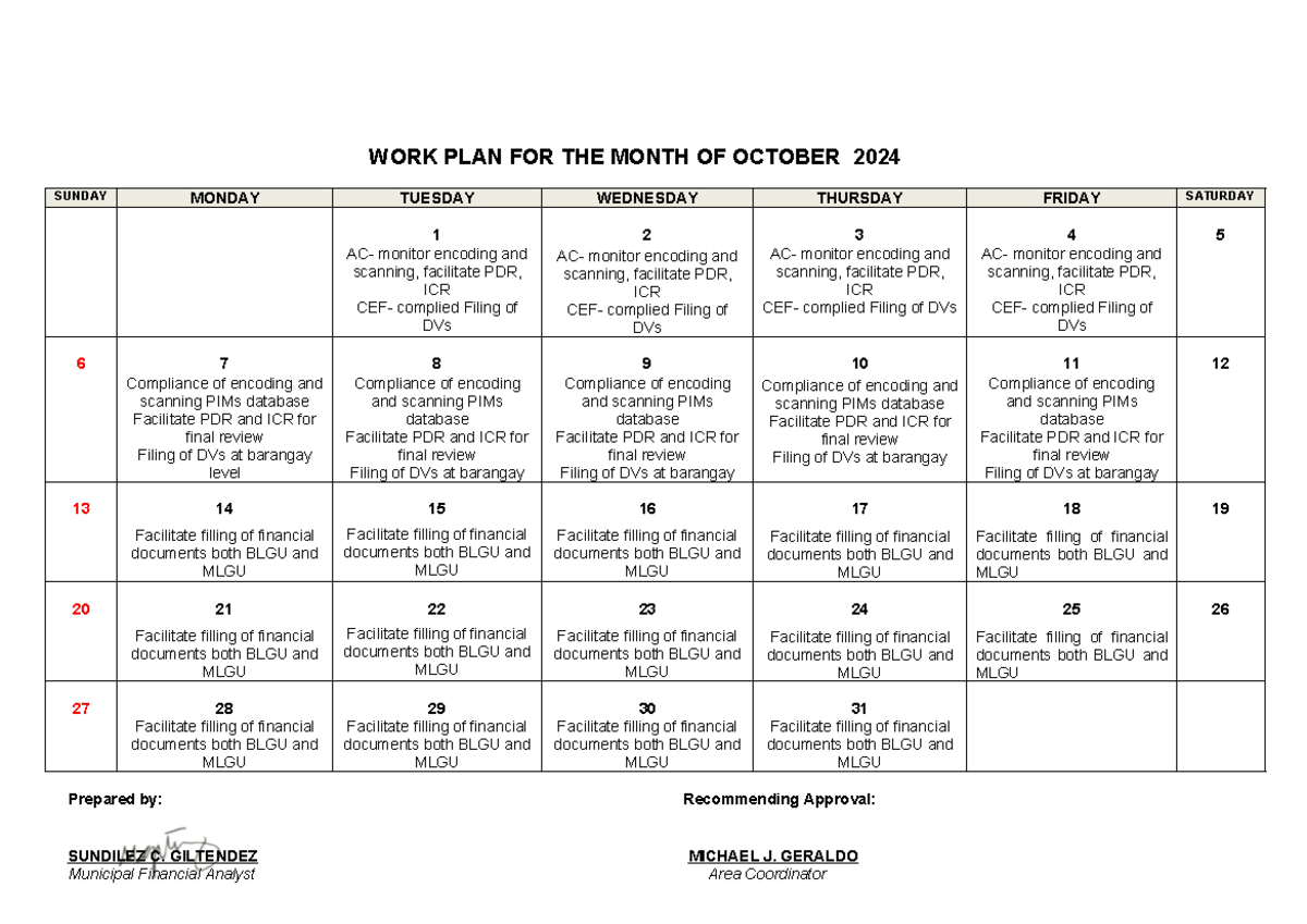 Work-PLAN-Oct - Thank you - WORK PLAN FOR THE MONTH OF OCTOBER 2024 ...