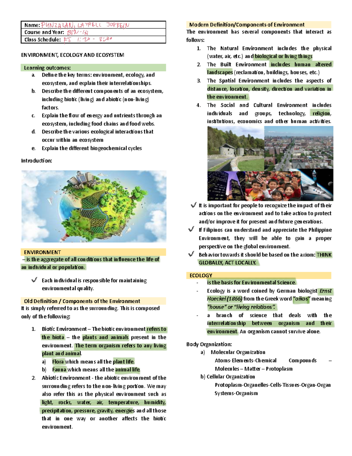 ENV 101: Environment, Ecology, and Ecosystem Lecture Notes - Studocu