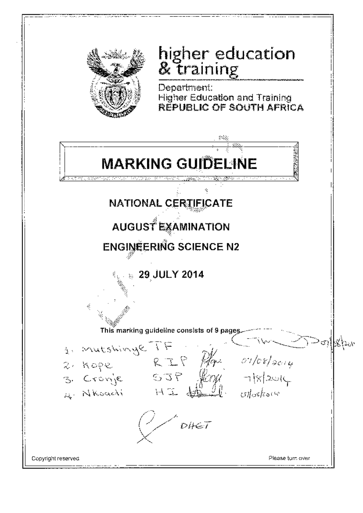 Marking Guide for Engineering Science N2 AUG 2014 Exam - Studocu