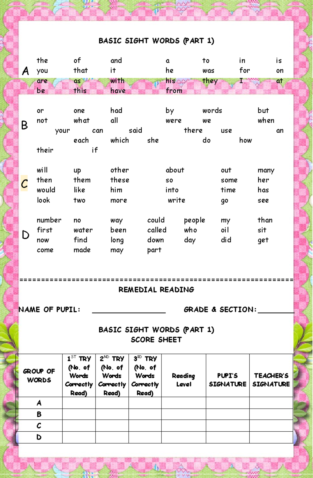 BASIC SIGHT WORDS INDIVIDUAL CARDS (PART 1-6) SCORE SHEET - Studocu