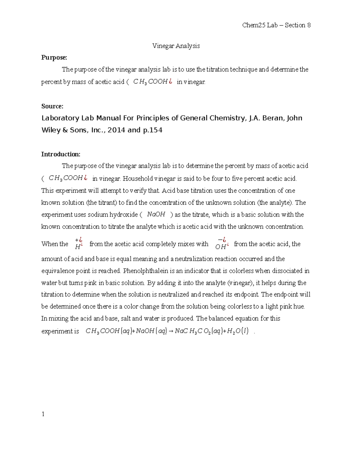 Chem Lab Report - Lab 10: Analysis of Acetic Acid in Vinegar - Studocu