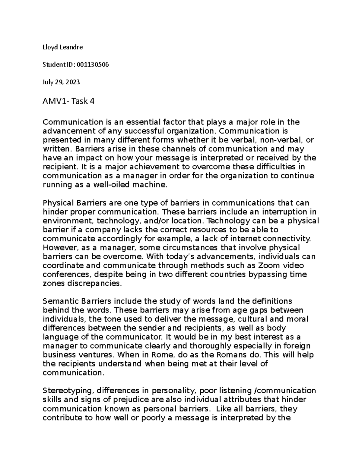 AMV1- Task 4 - Task 4 Communication Barriers - Lloyd Leandre Student ID ...