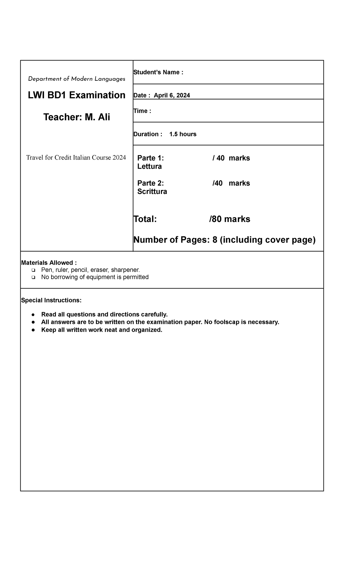 1 Final LWI BD1 EXAM Ali 2024 - Department of Modern Languages LWI BD1 ...