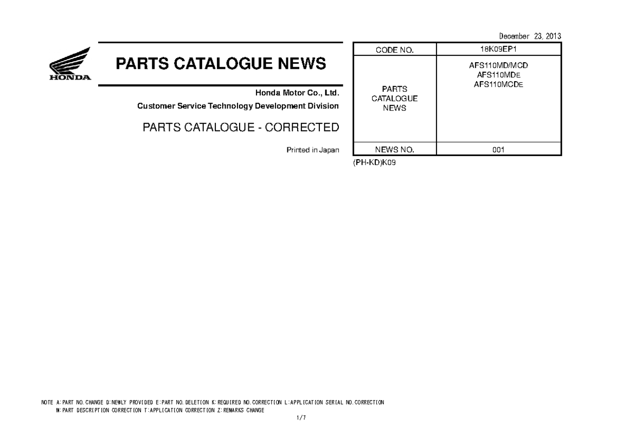Parts Catalogue News for AFS110MD/MCD - 18K09EP1 - Studocu
