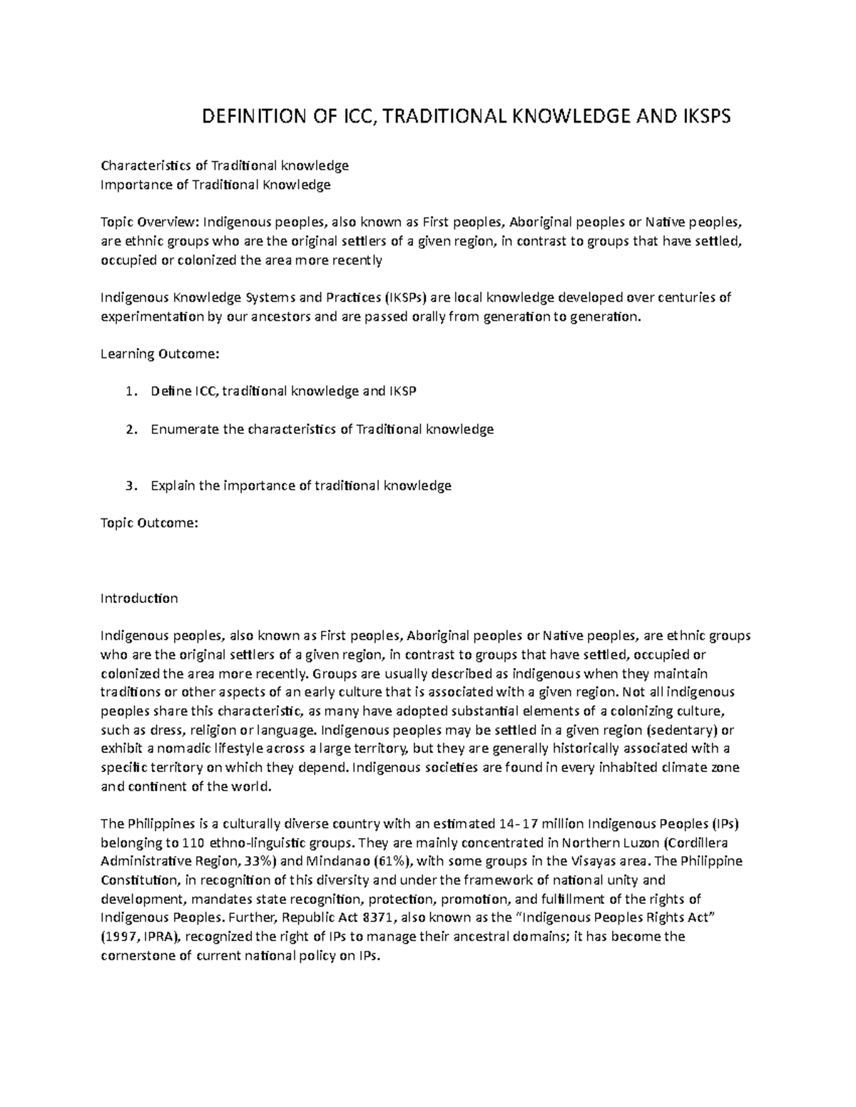 ICC Traditional Knowledge and IKSPs: Definitions and Importance - Studocu