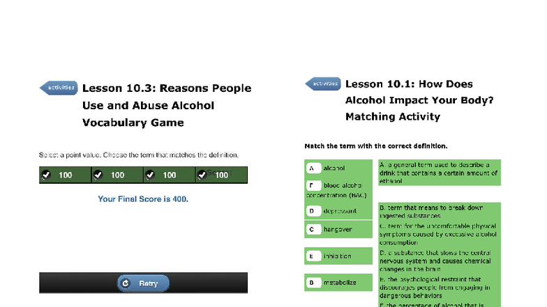 Alcohol Vocabulary - Lesson 10.1 & 10.2 Activities - Studocu