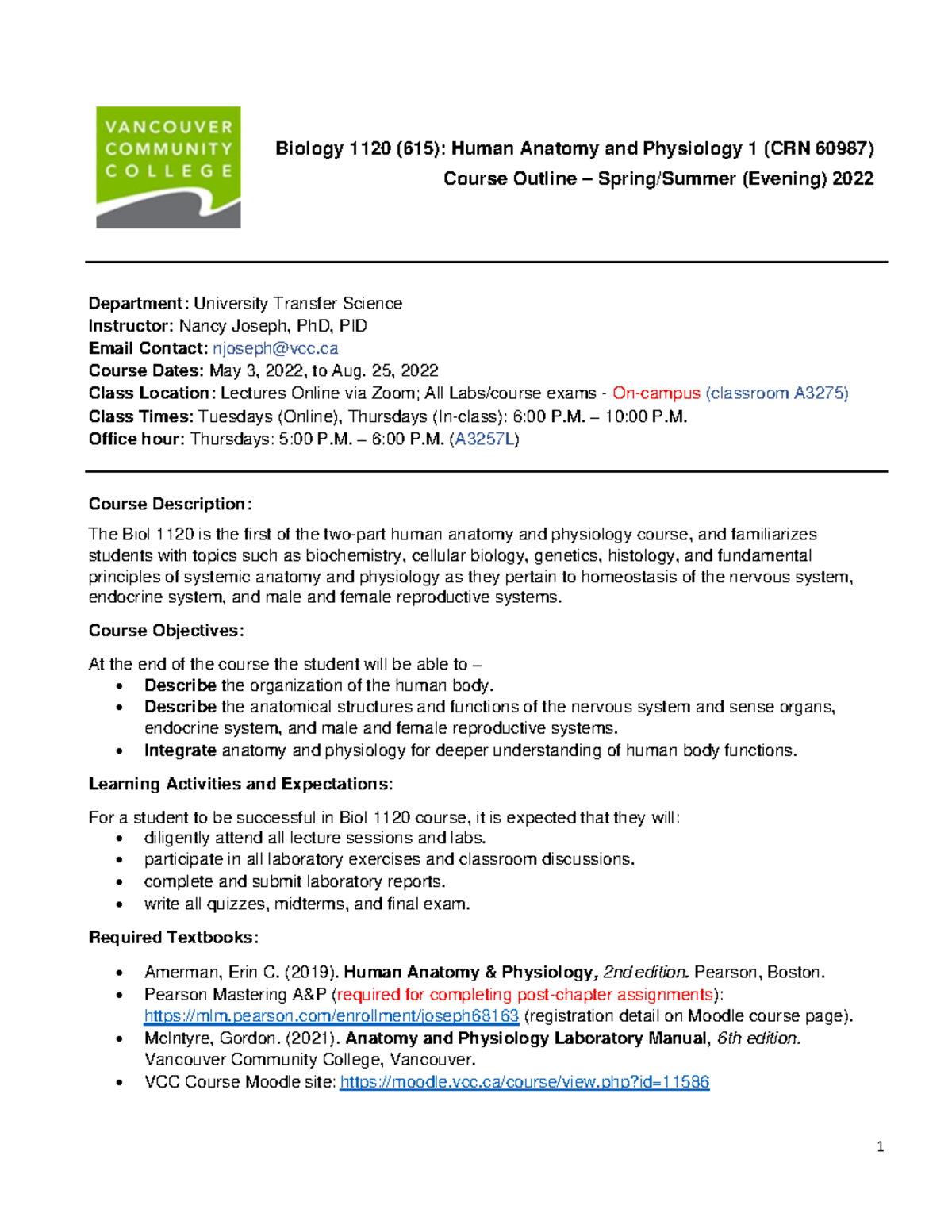 Biol 1120 (615): Human Anatomy & Physiology 1 Course Outline 2022 - Studocu