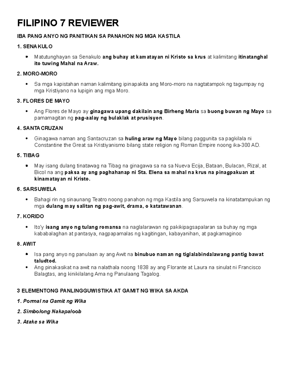 Filipino 7 Reviewer for 6th Monthly Exam: Panitikan ng mga Kastila ...