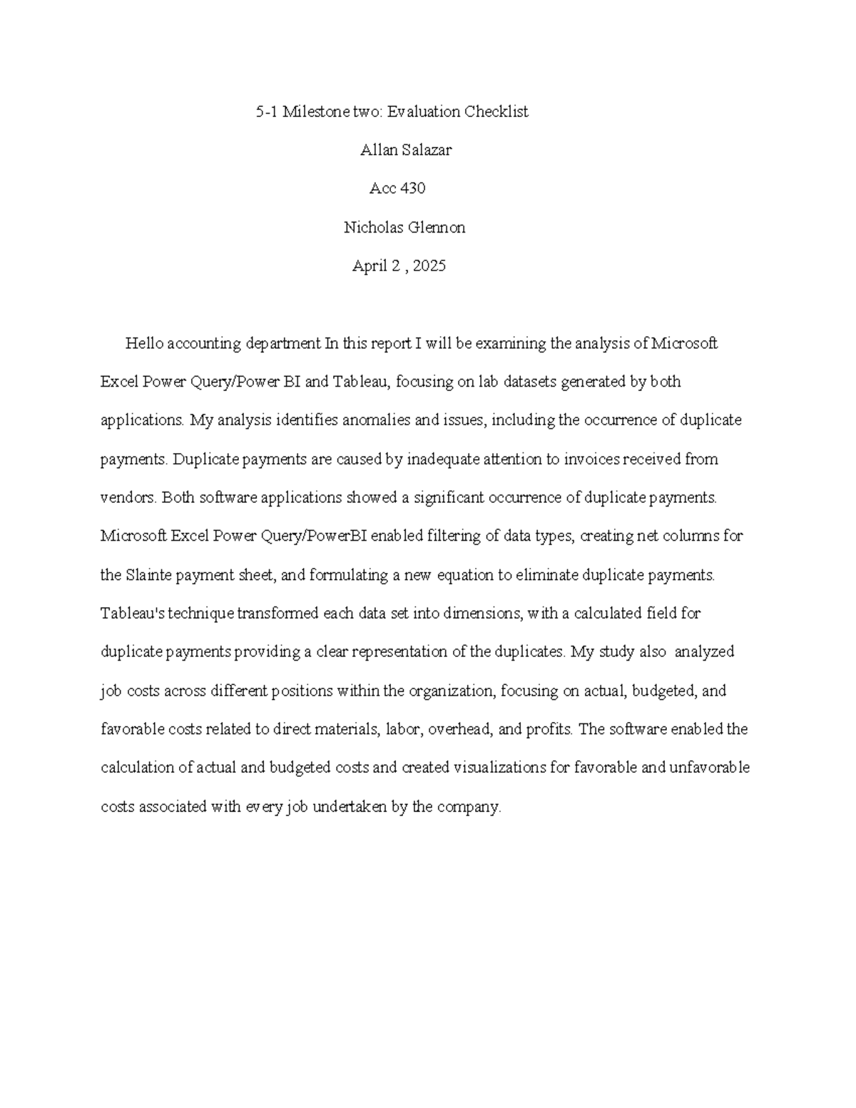 ACC 430 5-1 Milestone 2: Evaluation Checklist for Excel & Tableau Analysis - Studocu
