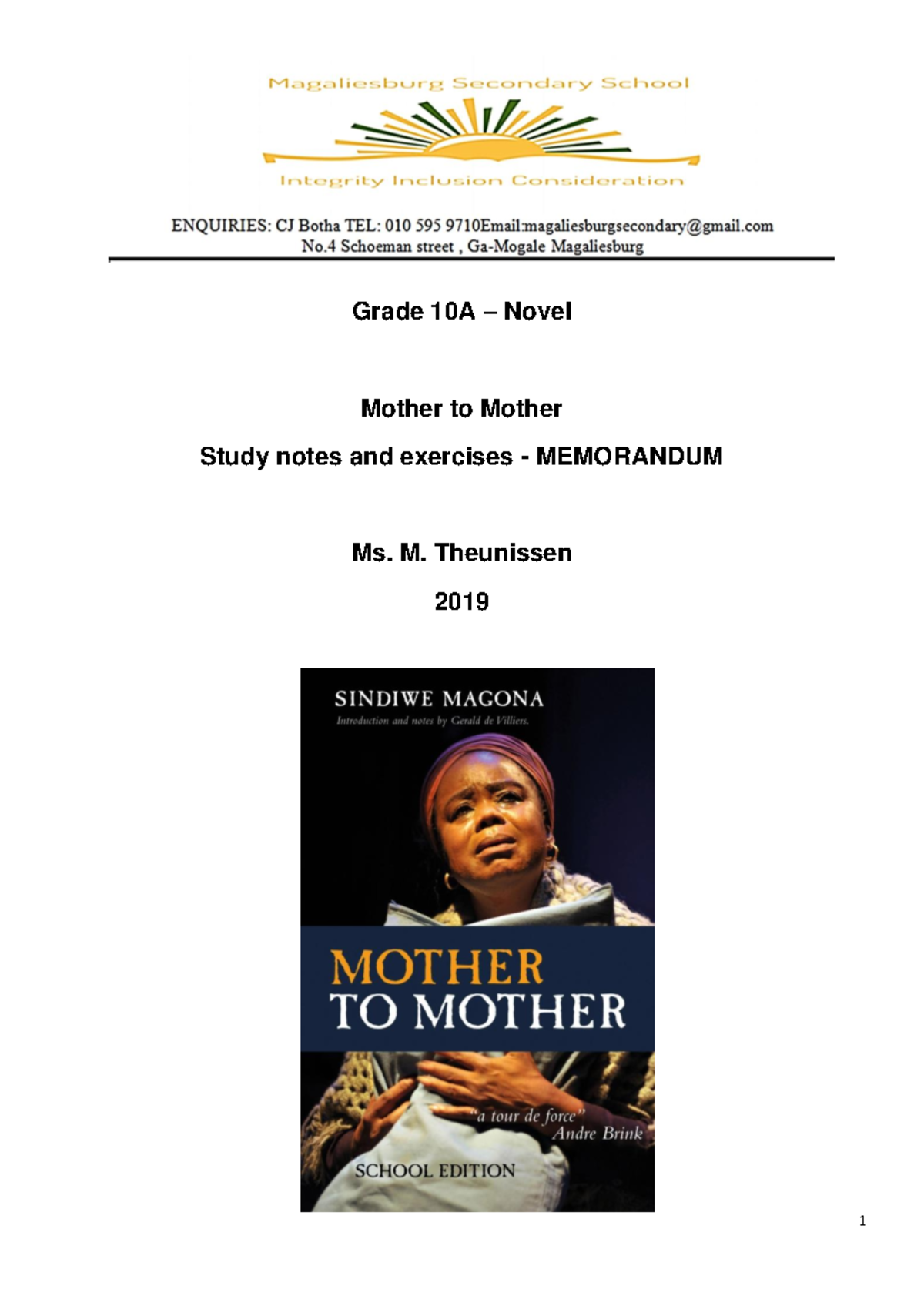 Mother to Mother Study Guide - Grade 10A MEMO 2019 - Studocu