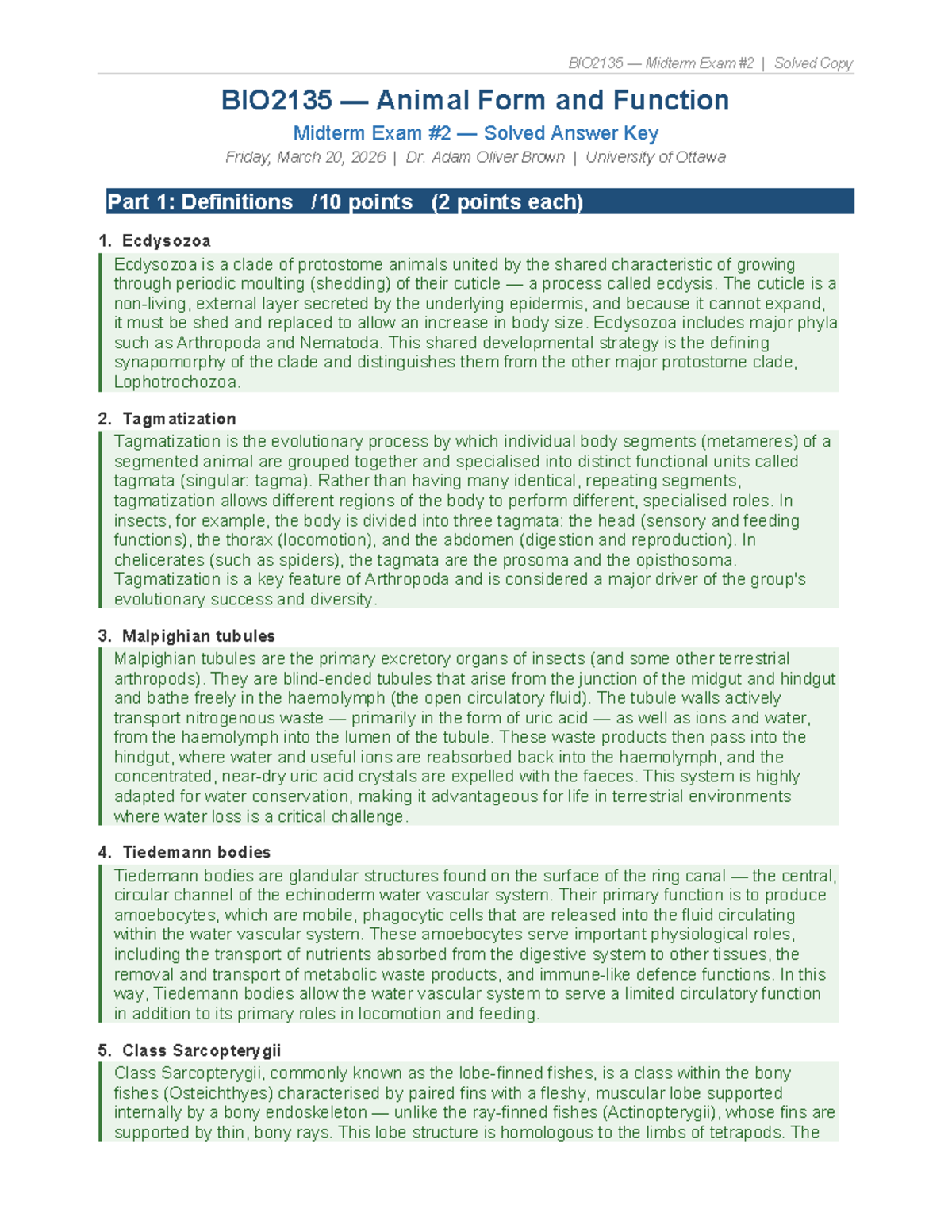 BIO2135 Midterm Exam 2 Answer Key: Animal Form and Function - Studocu