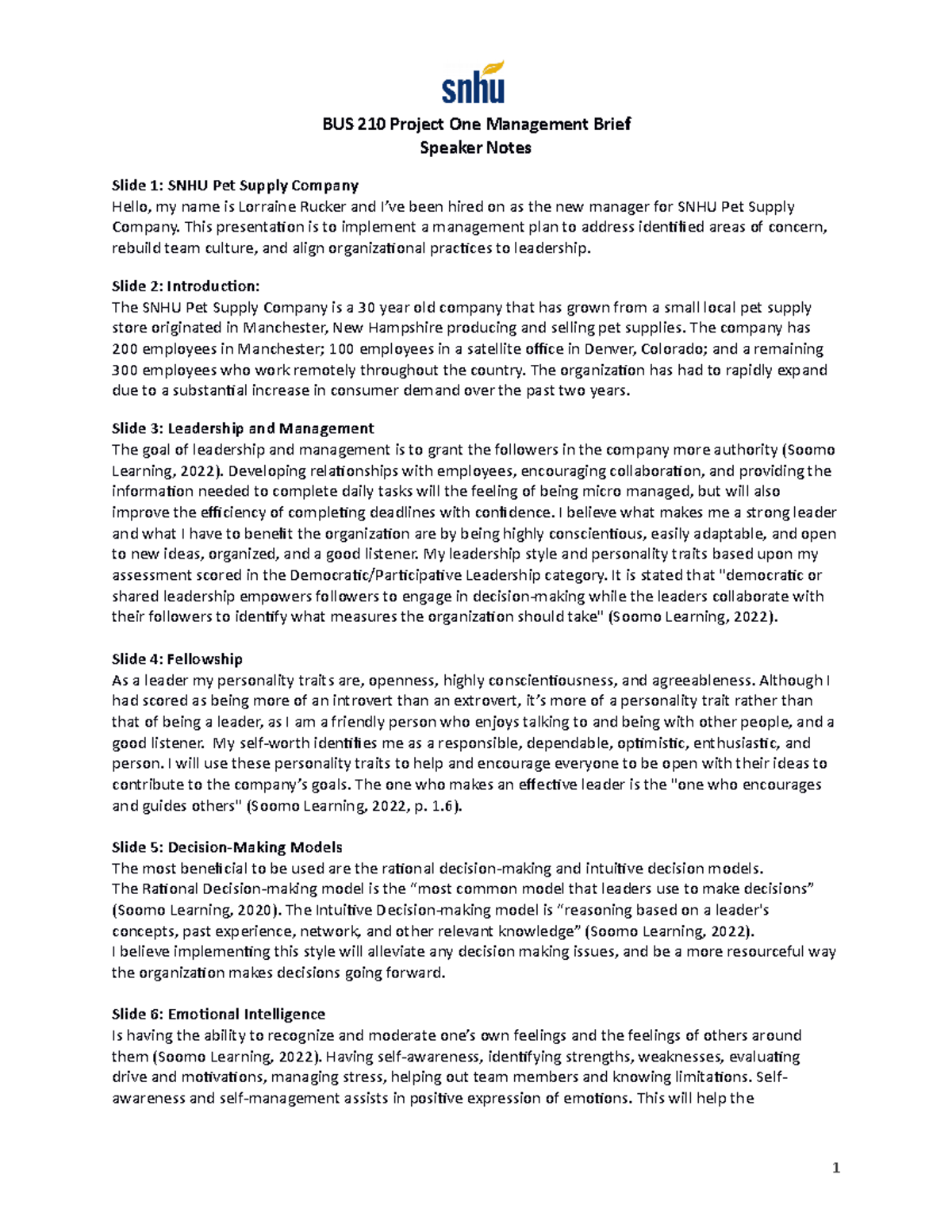 BUS 210 Speaker Notes for Project One: Org Evaluation Proposal - Studocu