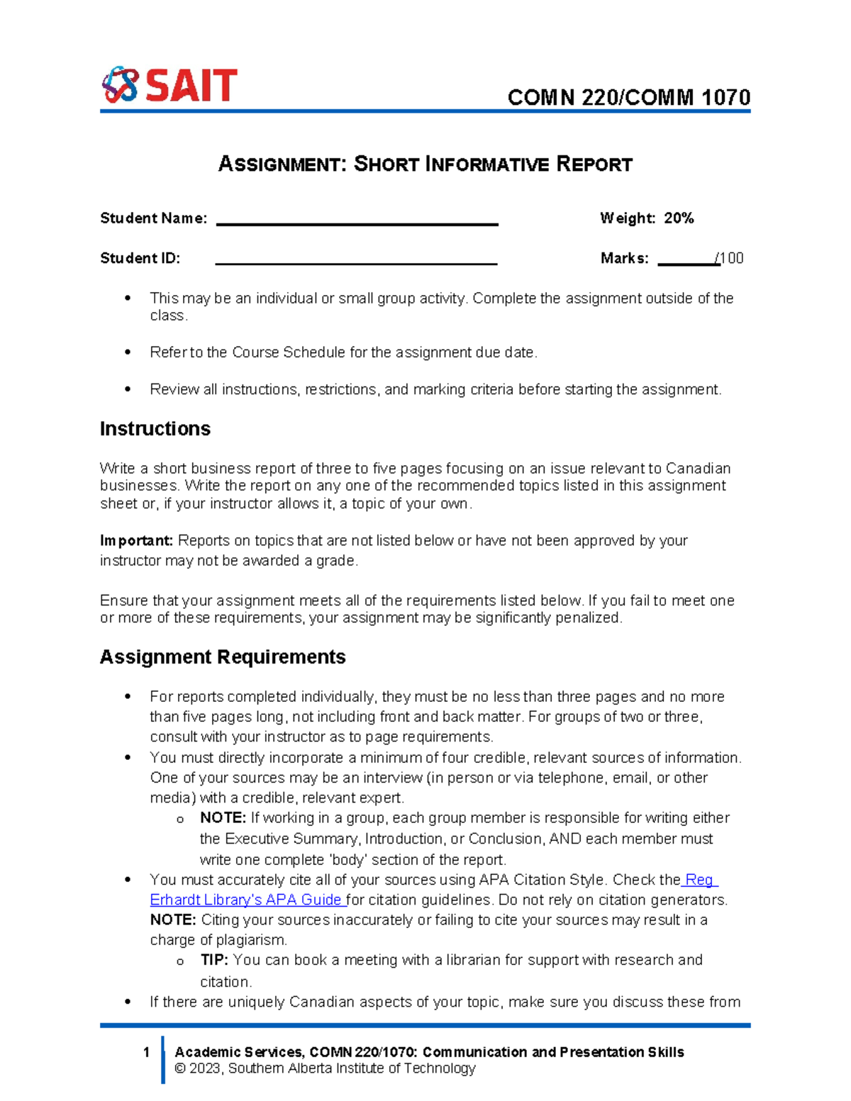COMN 1070 Short Informative Report Guidelines and Topics 2025 - Studocu