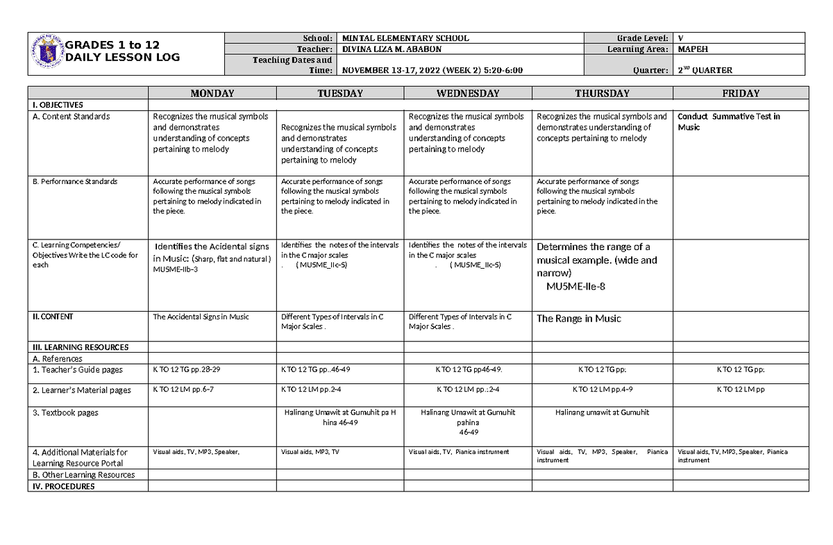 DLL MAPEH 5 Q2 W2 - Daily Lesson Log on Musical Intervals and Signs ...