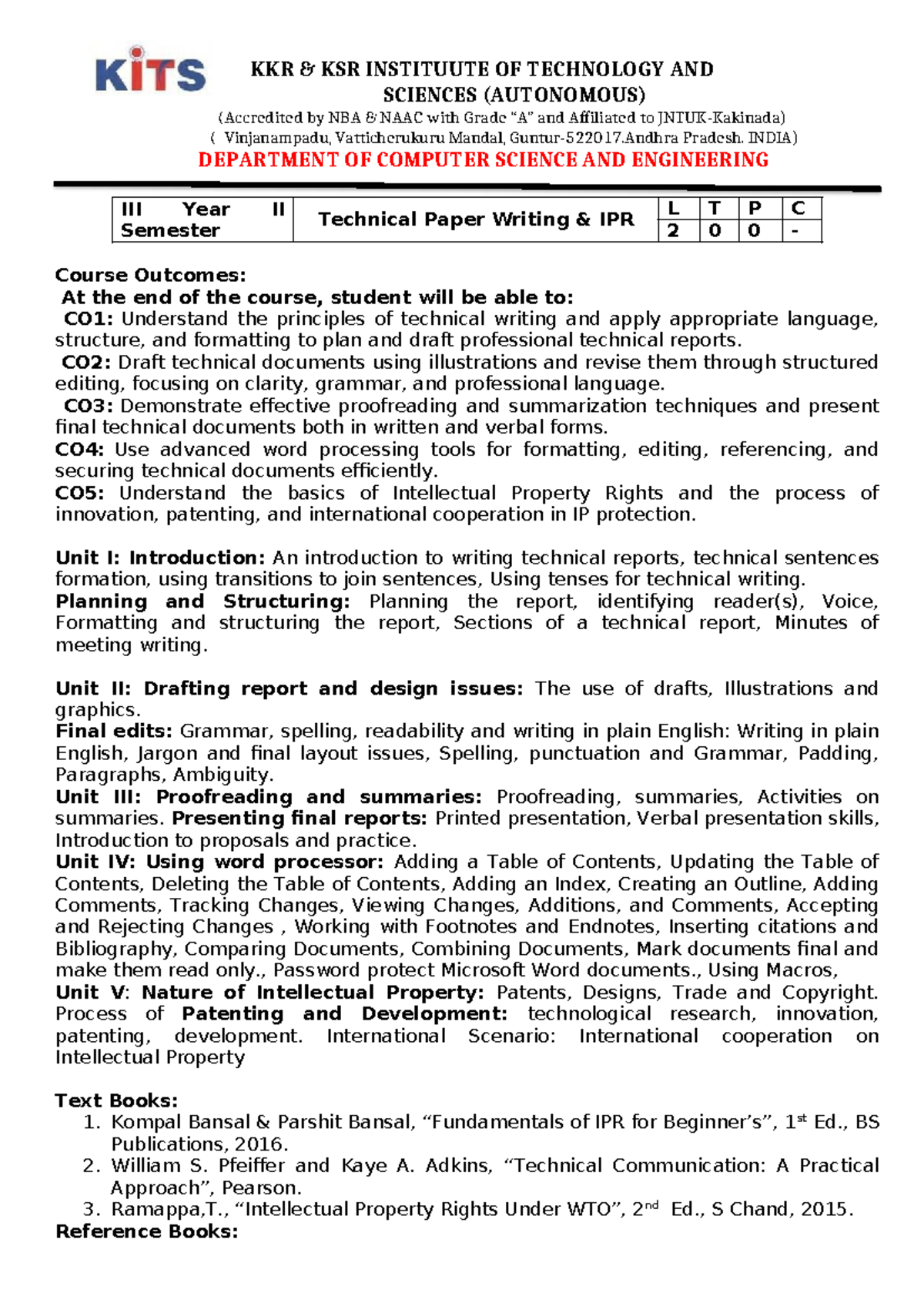 Technical Paper Writing IPR - III Year II Semester Notes - Studocu