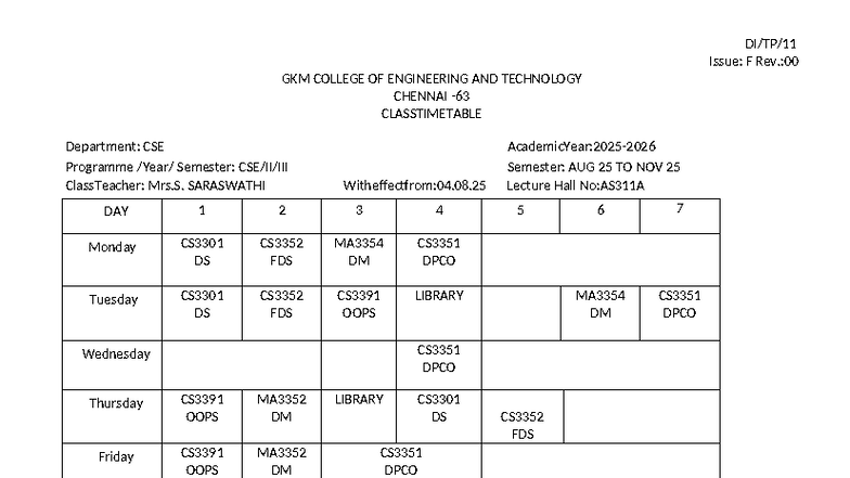 CSE Class Timetable for Aug-Dec 2025 - GKM College - Studocu