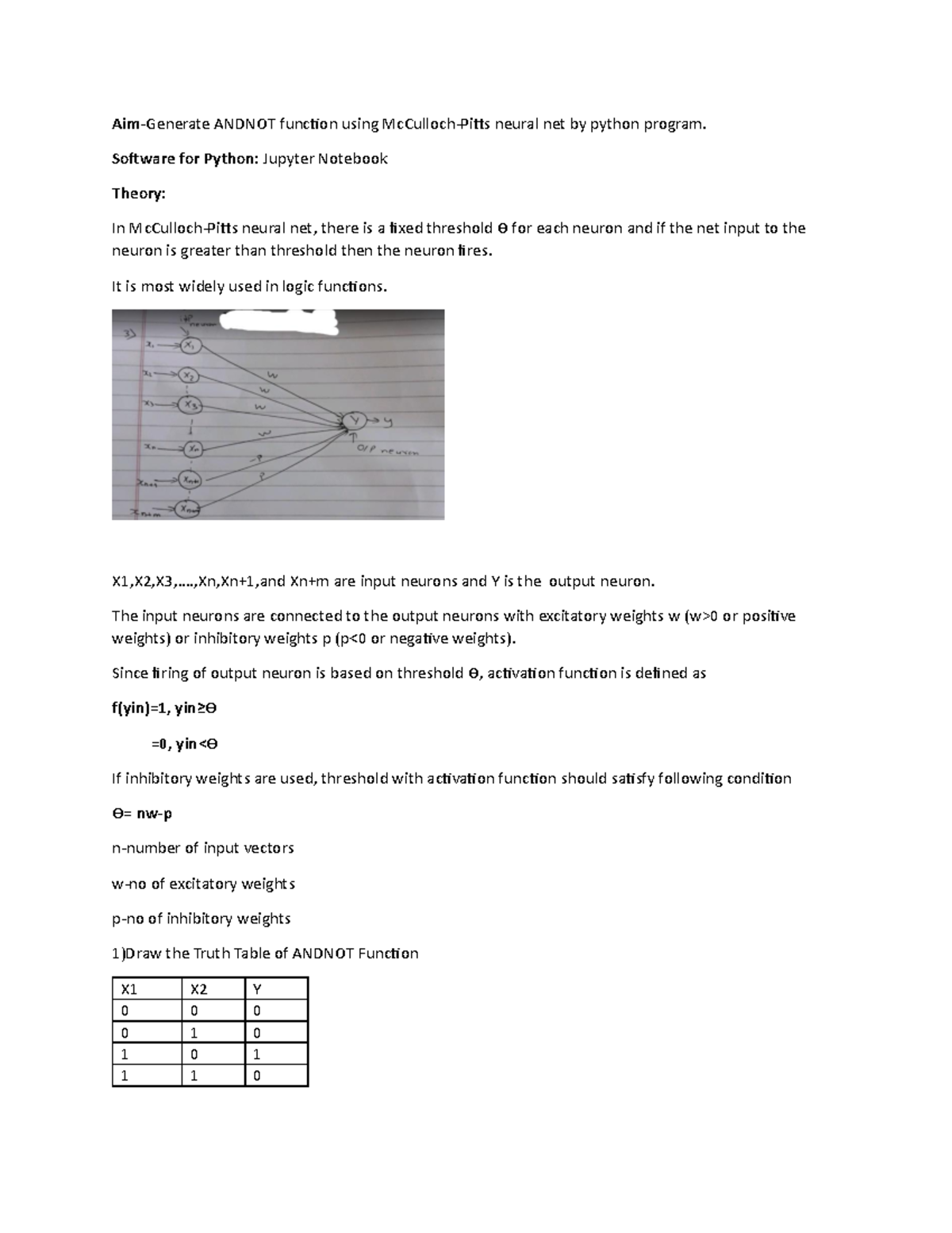 Expt-2: ANDNOT Function Using McCulloch-Pitts Neural Net in Python ...