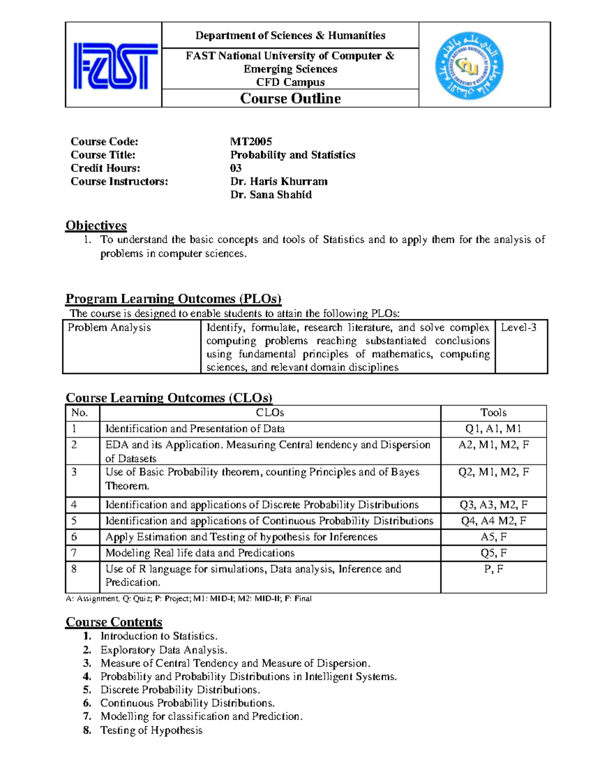 MT2005 Probability and Statistics Course Outline and Weekly Schedule ...