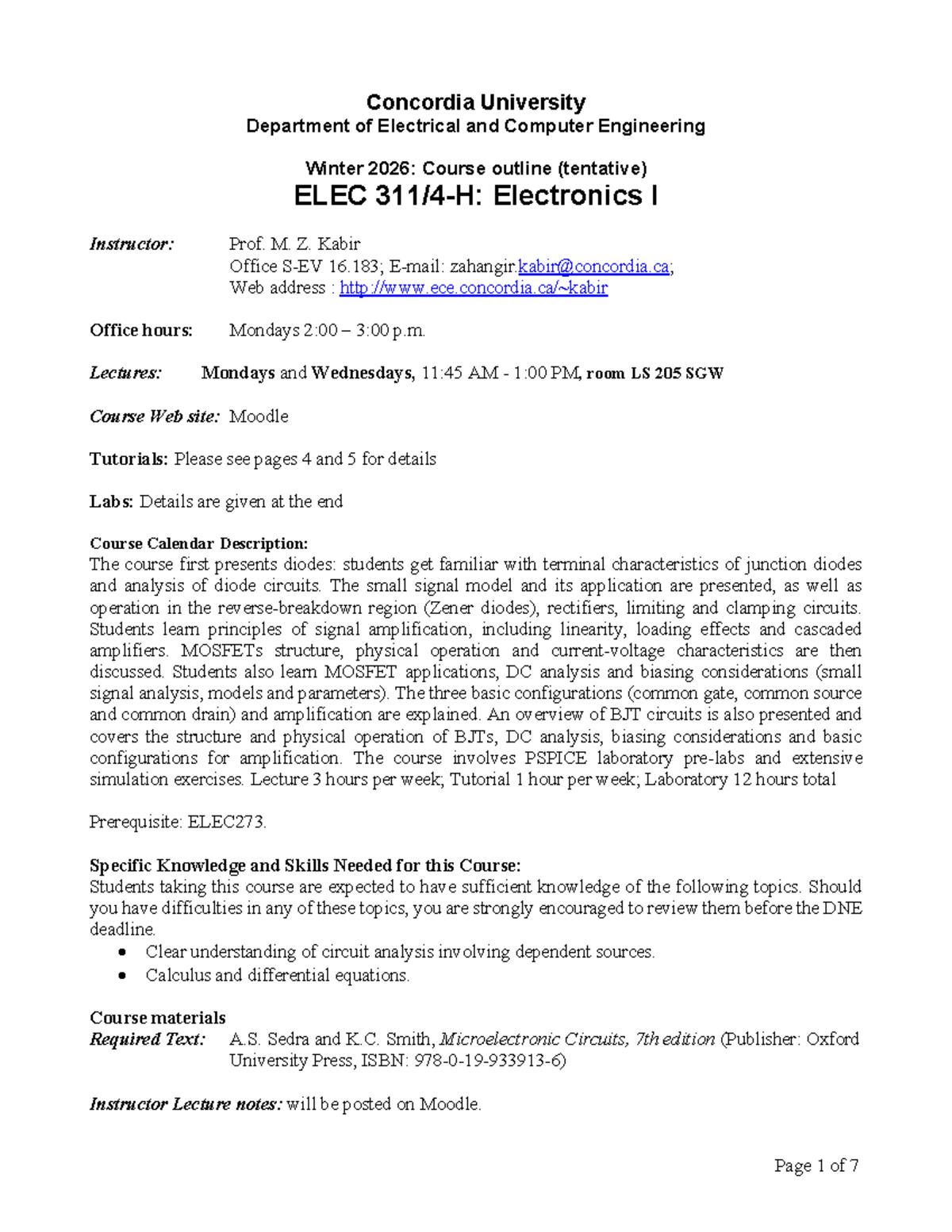 ELEC311 Course Outline: Electronics I - Winter 2026 - Studocu