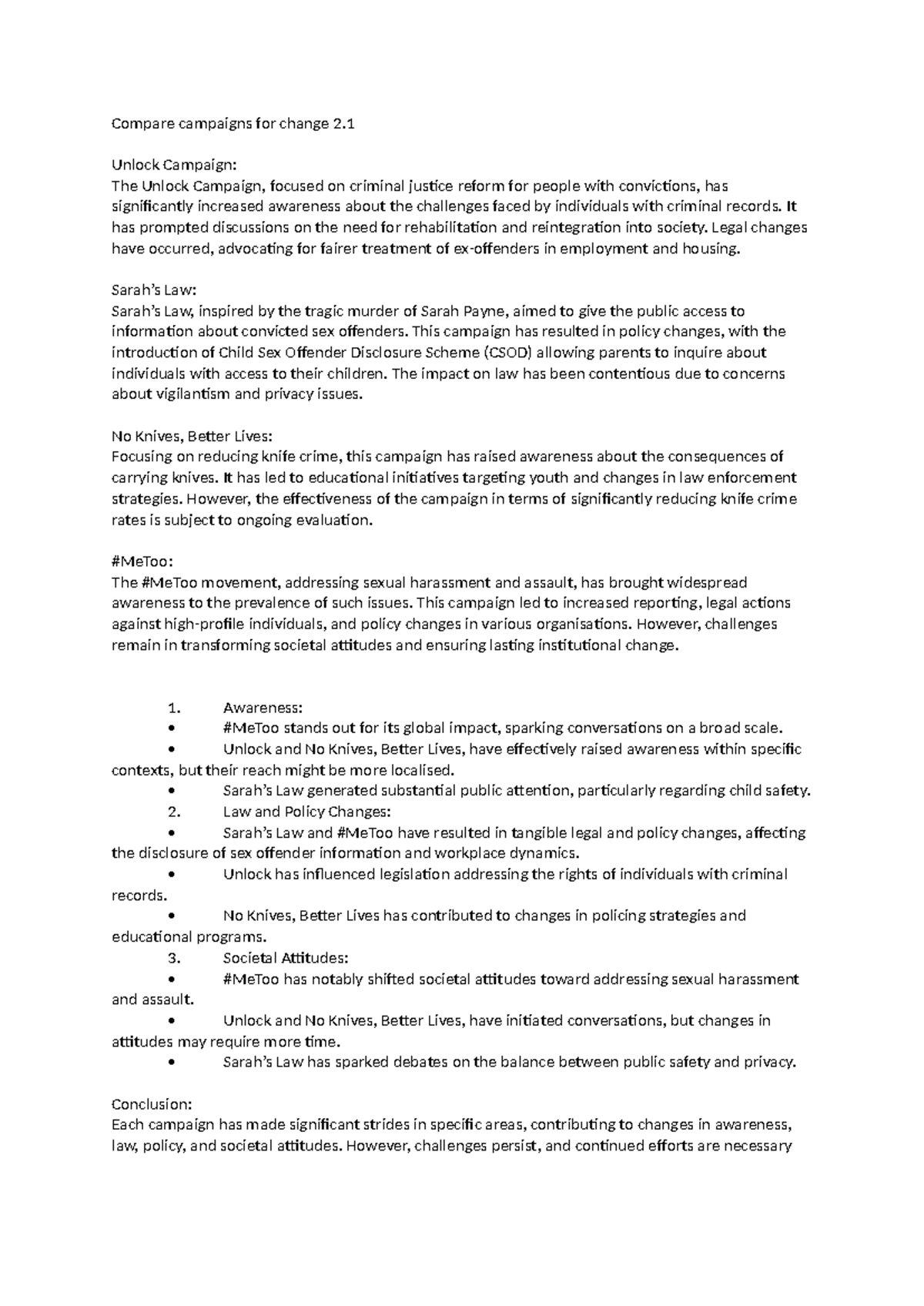 Criminology AC2.1: Comparative Analysis of Campaigns for Change - Studocu