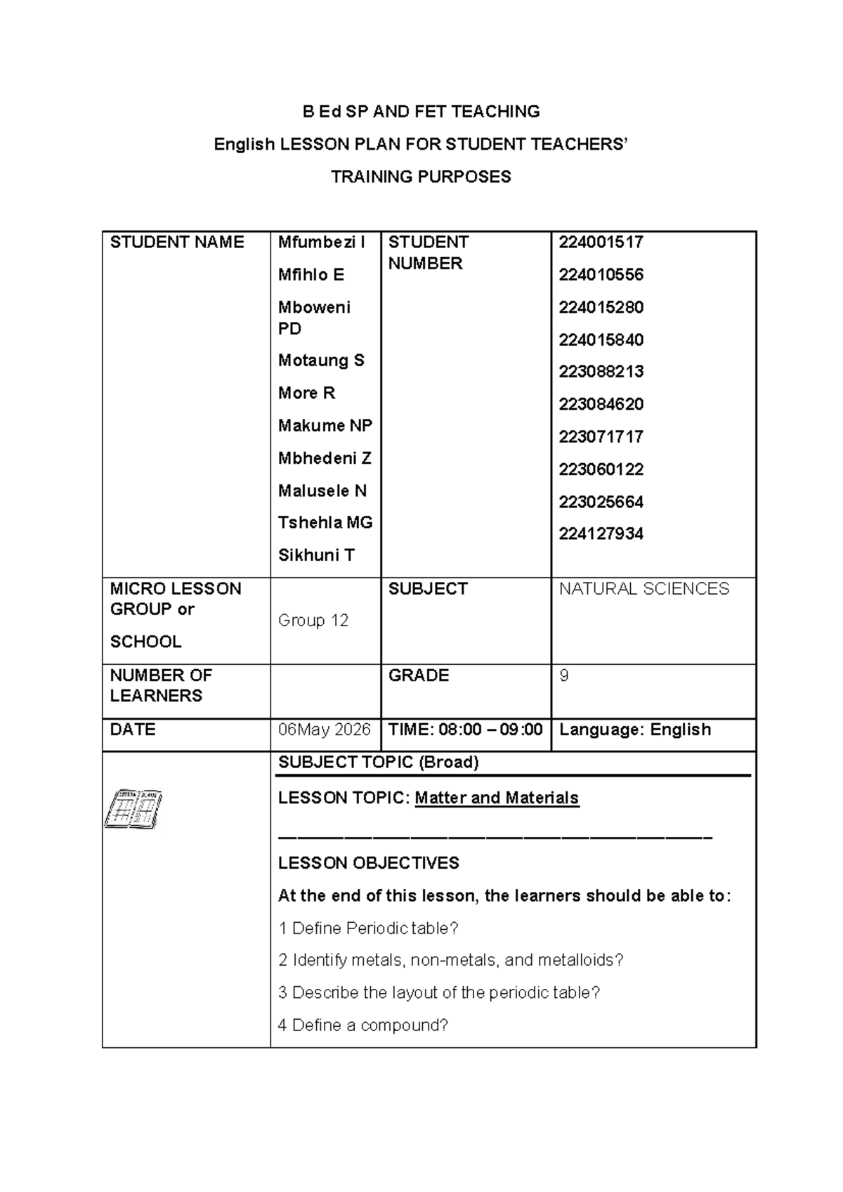 B Ed SP & FET Teaching: Grade 9 Natural Sciences Lesson Plan - Studocu